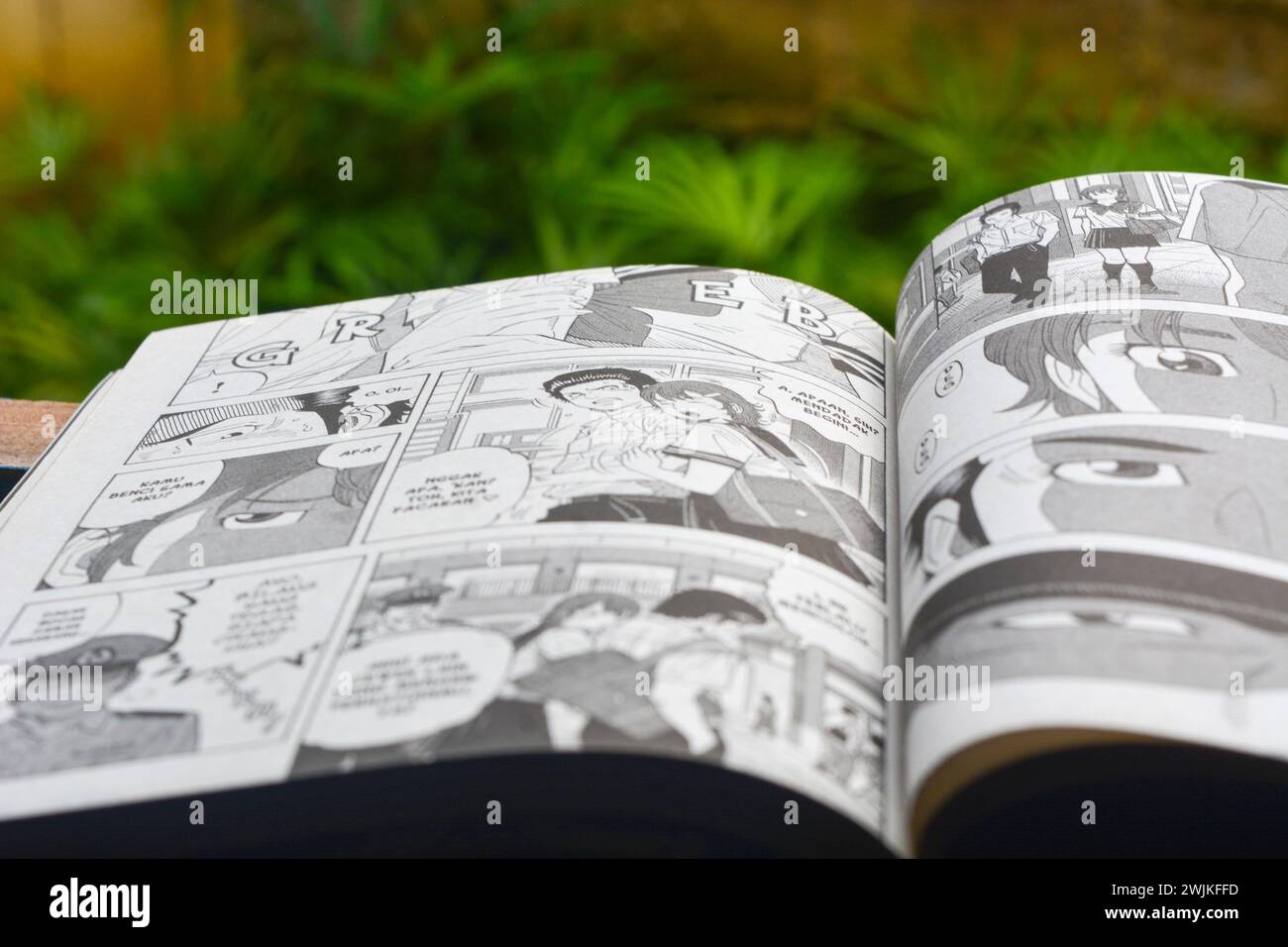 25 June 2023, Comic photo being opened against a wooden table ...