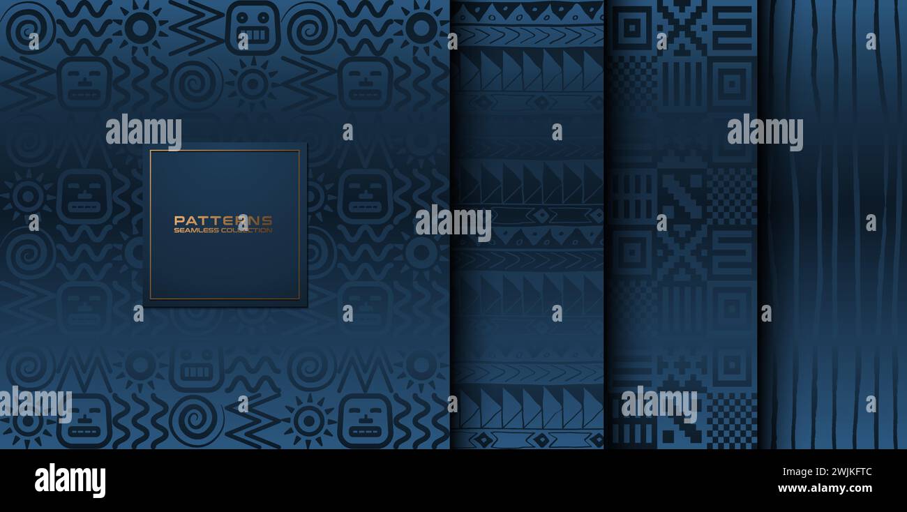 Seamless vector hand drawn blue ethnic pattern set. Abstract navy blue ...