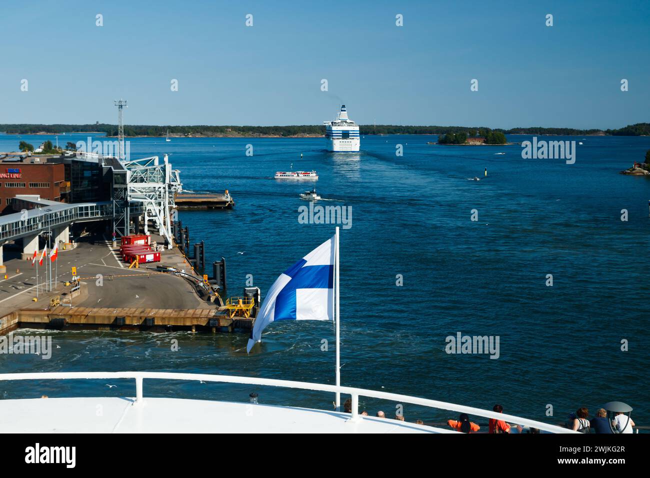 Helsinki, Finland - 12 June 2023: Waving finnish flag on the departing ...