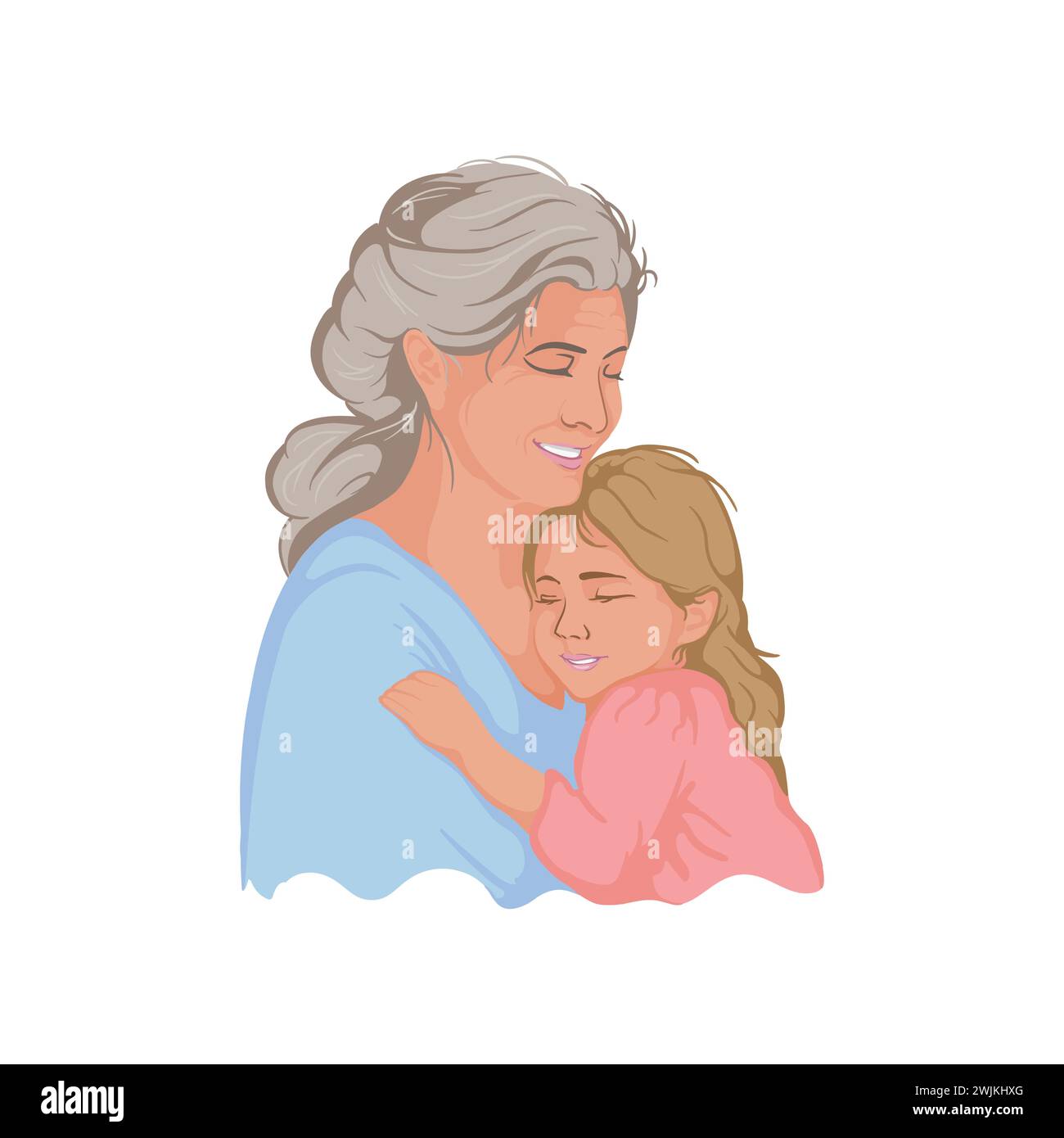 A kind old lady, a grandmother hugs a little girl, her granddaughter ...