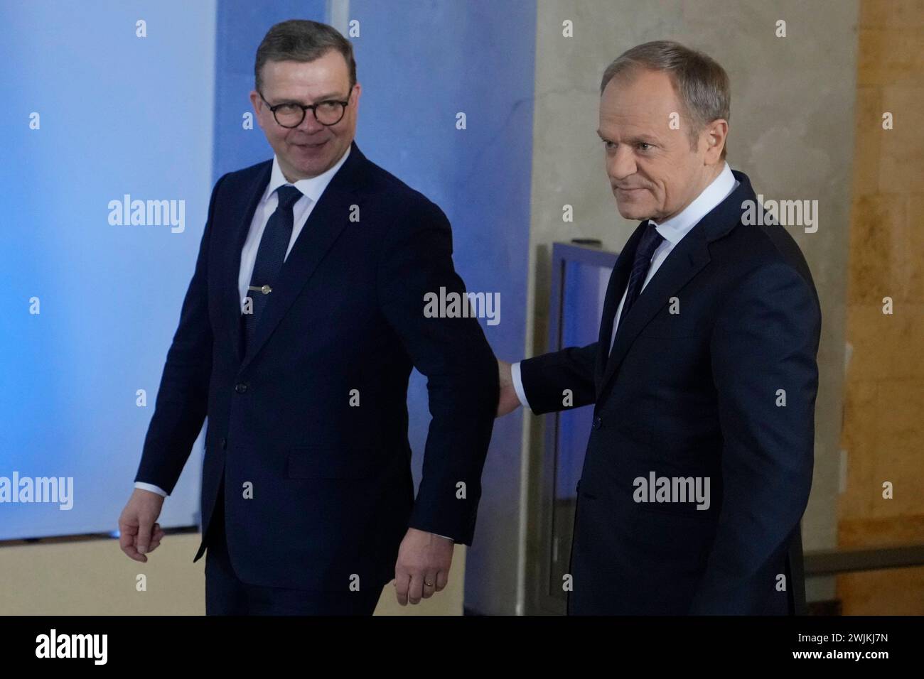 Polish Prime Minister Donald Tusk, right, welcomes Finnish Prime ...