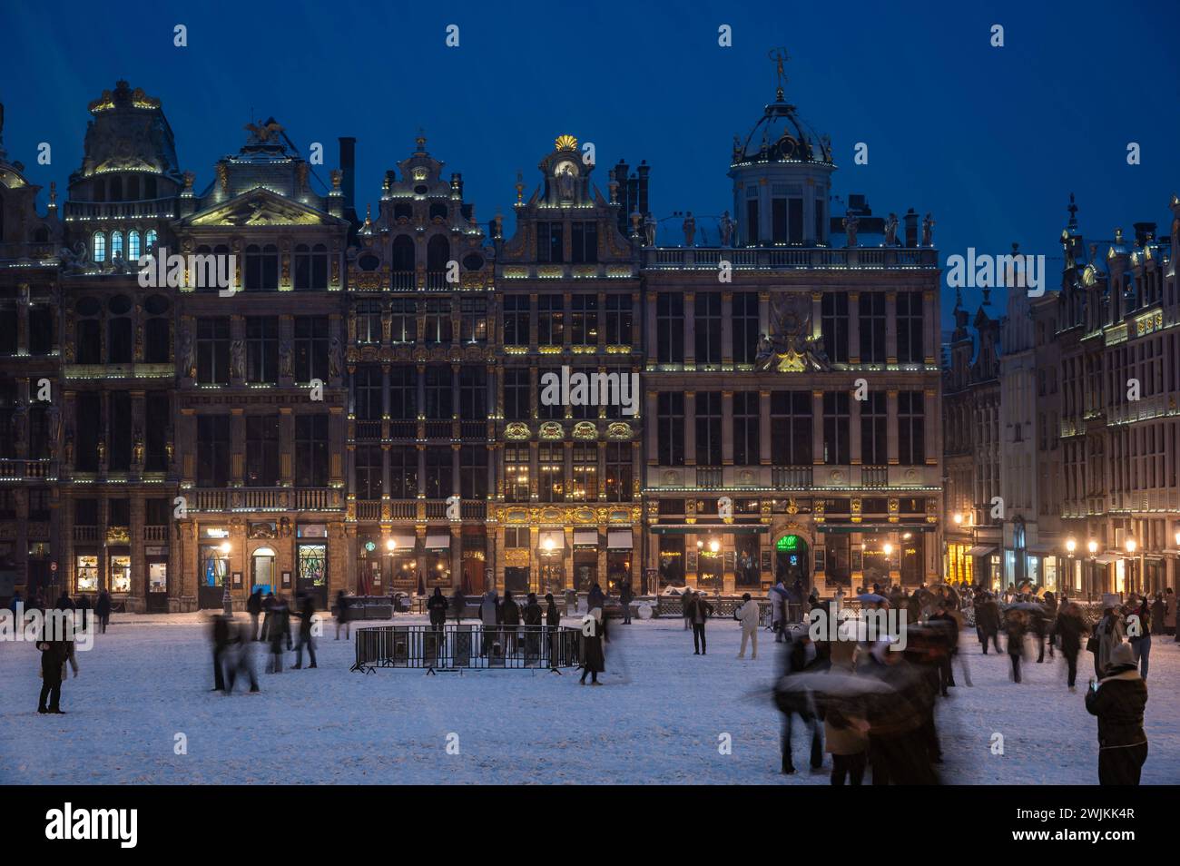 Brussels Old Town, Belgium, 17 January 2024 - Snow falling at the Grand ...