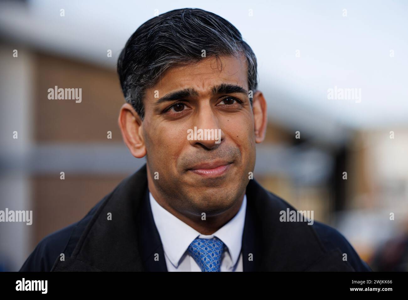 Prime Minister Rishi Sunak speaking to the media while visiting Harlow ...