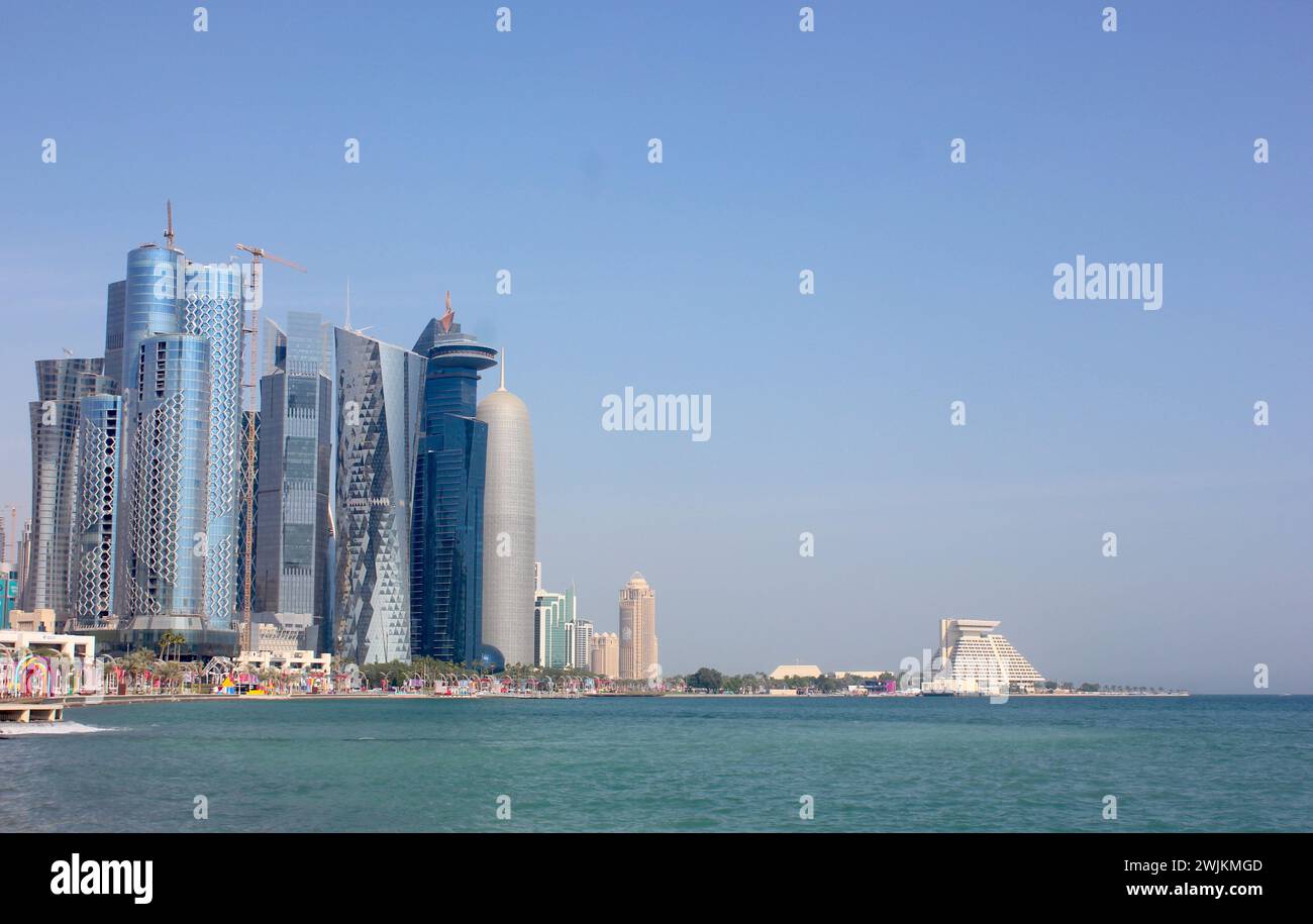 The beautiful sea line of Doha Corniche West Bay in Qatar during FIFA ...
