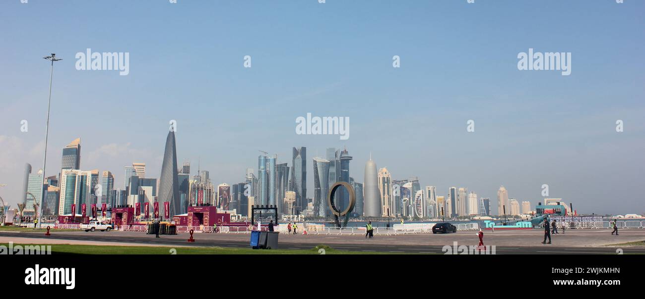 The beautiful sea line of Doha Corniche West Bay in Qatar during FIFA ...