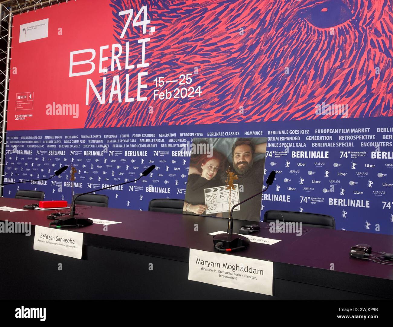 Berlin, Germany. 16th Feb, 2024. A photo of the Iranian filmmakers ...