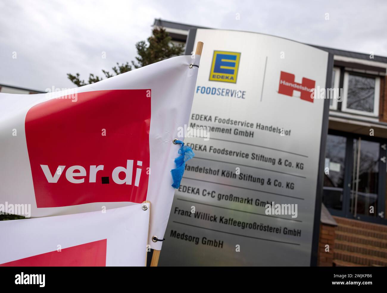 Cologne, Germany. 16th Feb, 2024. A banner with the verdi union logo is ...