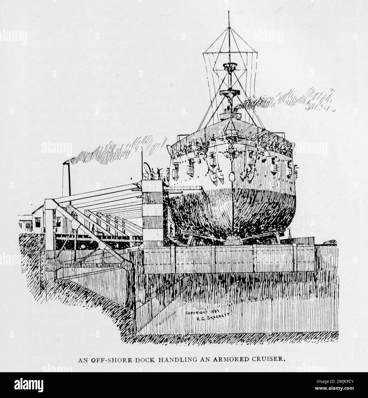 AN OFF-SHORE DOCK HANDLING AN ARMORED CRUISER from the Article MODERN ...
