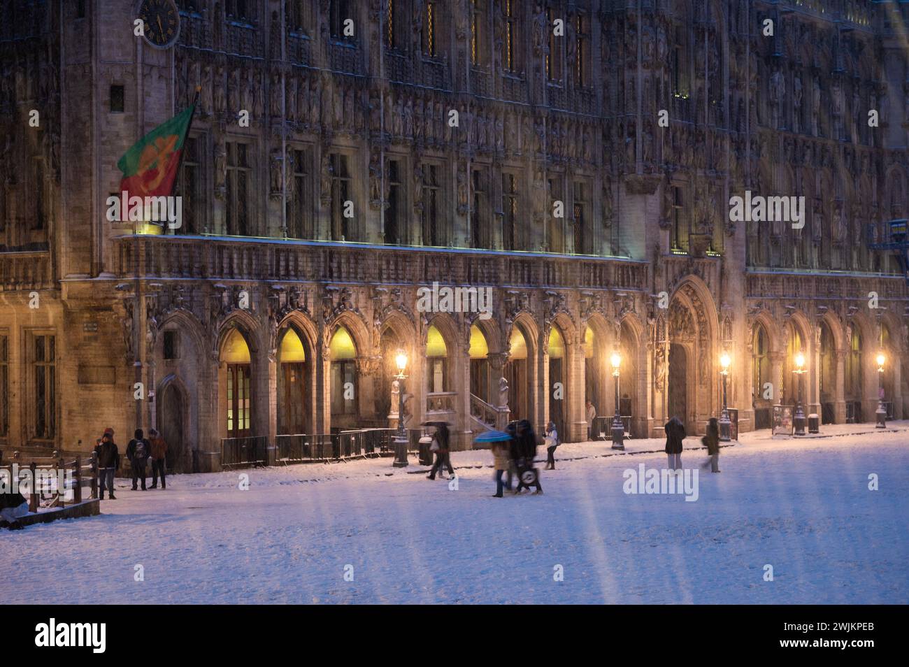 Brussels Old Town, Belgium, 17 January 2024 - Snow falling at the Grand ...