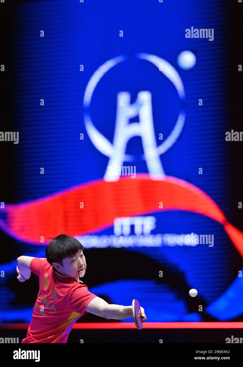 Busan, South Korea. 16th Feb, 2024. Sun Yingsha of China hits a return against Manika Batra of ...