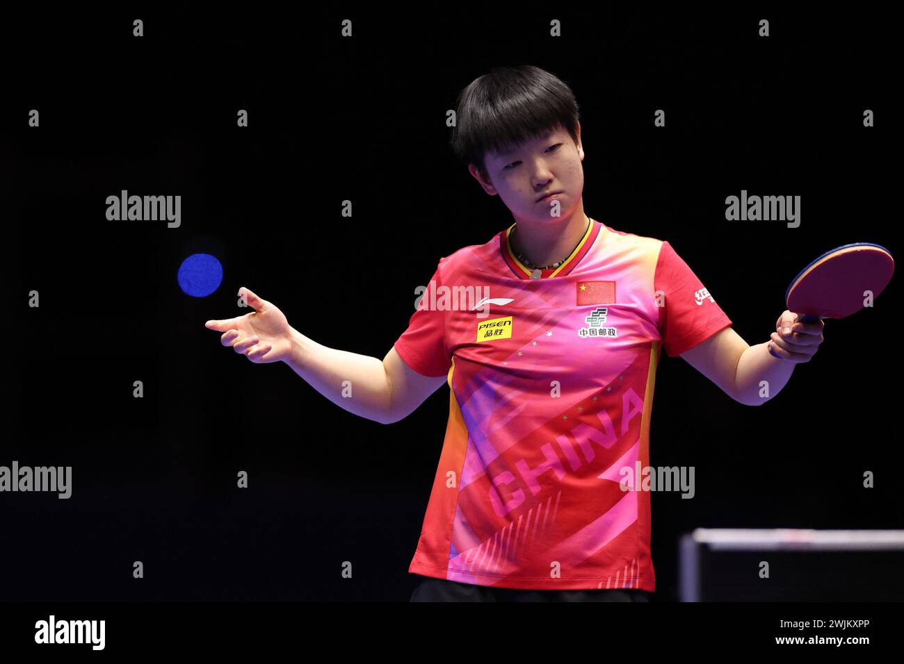 Busan, South Korea. 16th Feb, 2024. Sun Yingsha of China reacts while competing against Ayhika ...