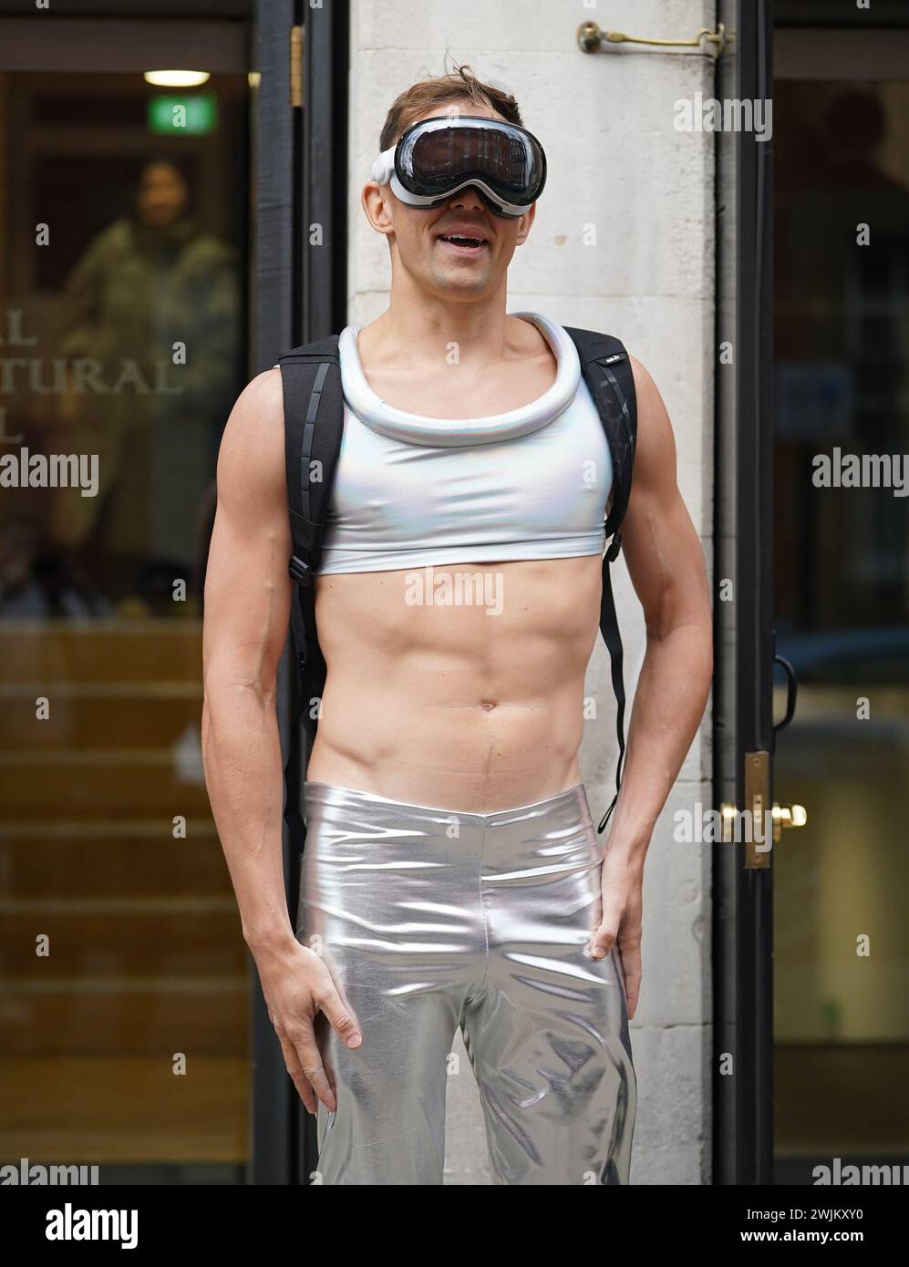 James Griffith wearing his Apple Vision Pro mixed reality headset, after attending the Paul ...