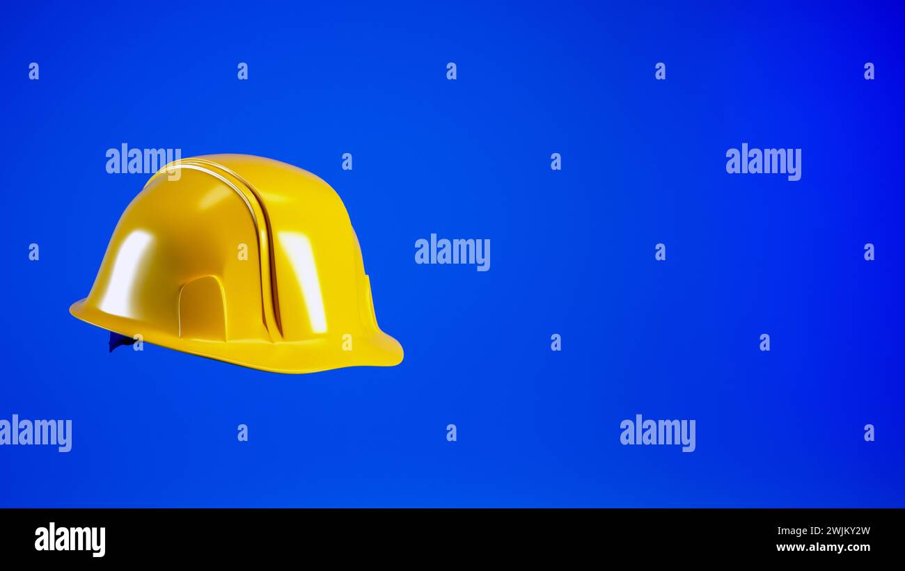 Hard hat isolated on blue background with copy space, 3d render. Yellow ...