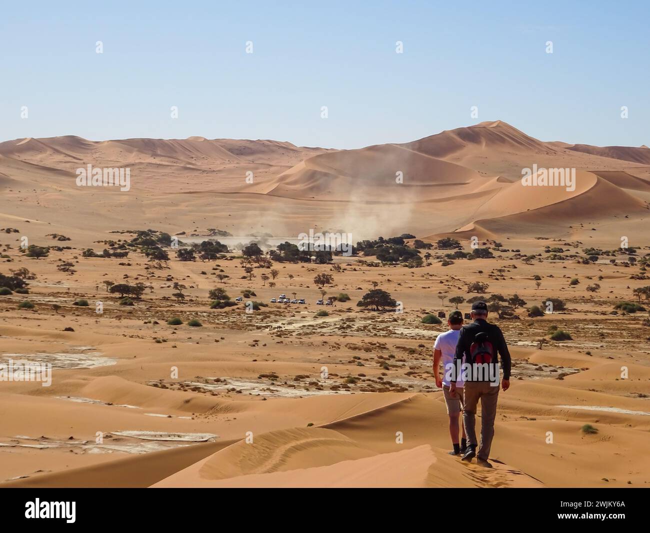 Namibia Namib Desert Sossusvlei. Two Men walking down a dune next to ...