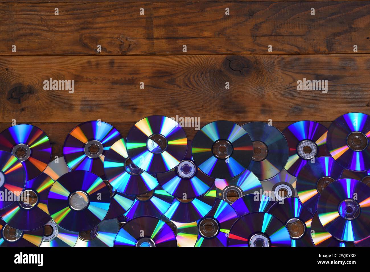 KYIV, UKRAINE - 4 MAY, 2023: Many old CDs represent technology from the ...