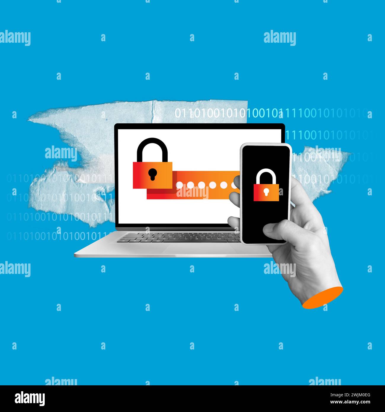 Human hand holding phone with lock on screen connected to laptop with ...