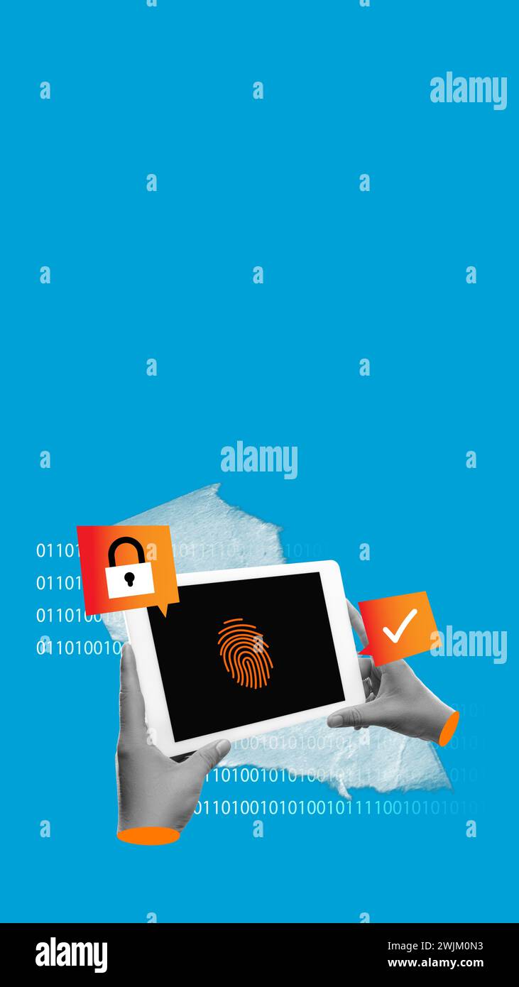 Hand with padlock and digital fingerprint authentication on tablet over ...