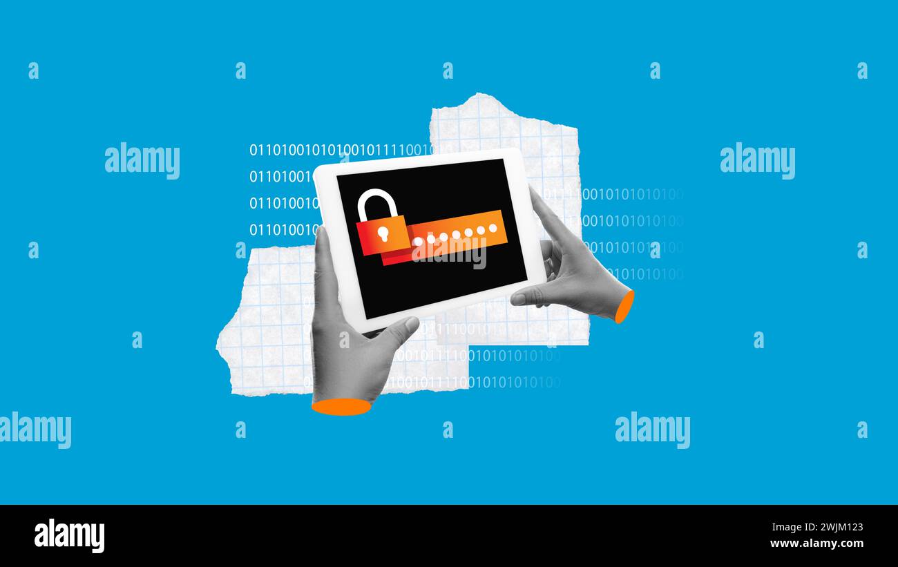 Human hand using table with password and padlock on screen meaning two ...