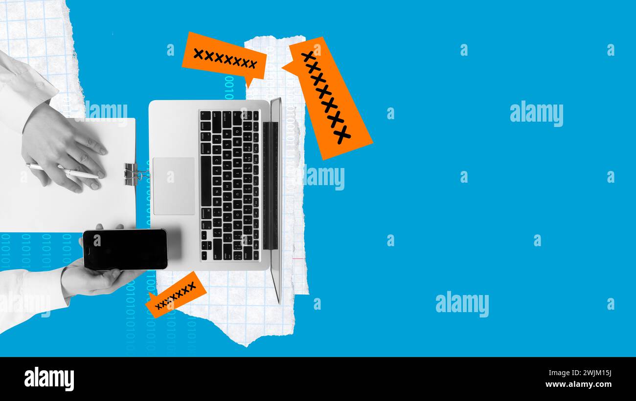 Hands securing digital devices with visual password symbols on a blue ...