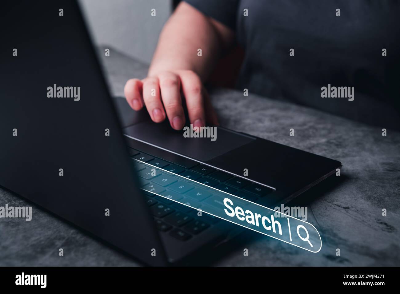Woman use laptop with VR search bar. SEO. Browser technology. Concept ...