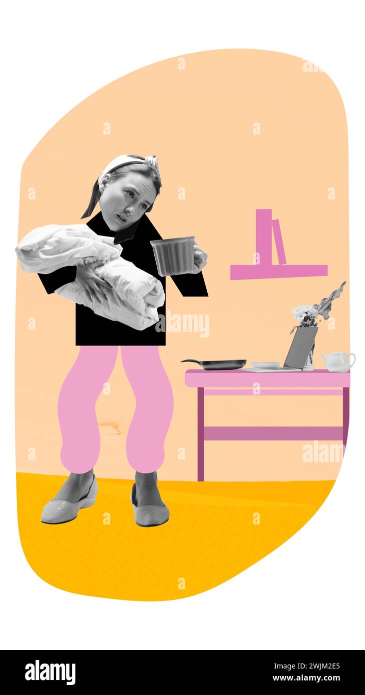 Woman in pajamas holding little baby, multitasking with coffee ...