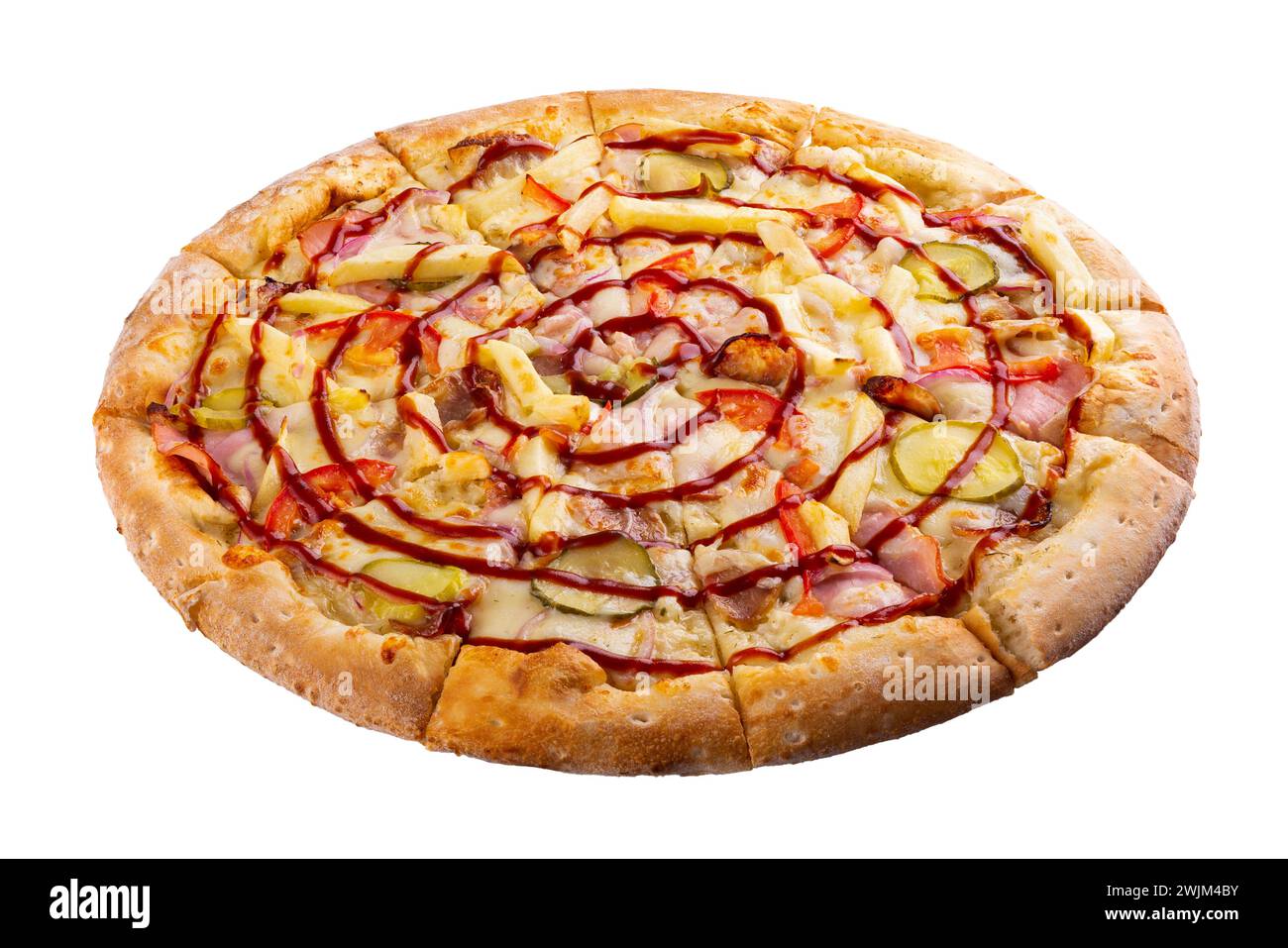 Top view on italian pizza with fries, bacon and pickled cucumbers ...