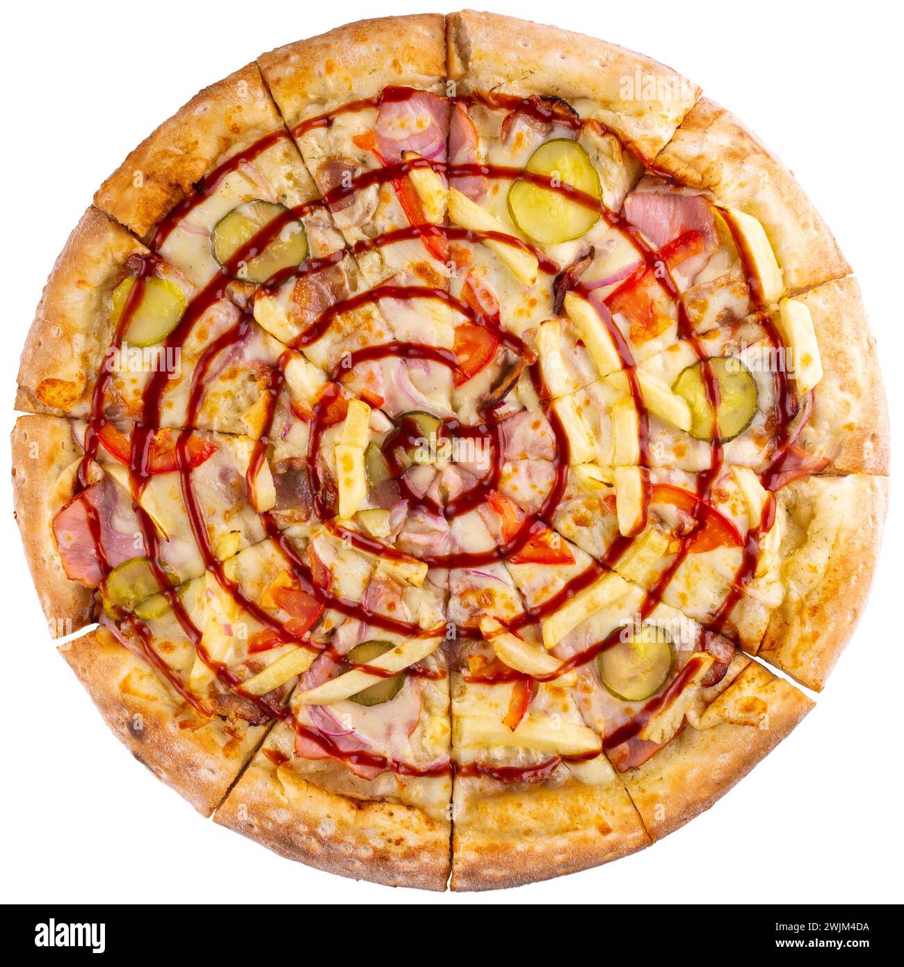 Top view on italian pizza with fries, bacon and pickled cucumbers ...