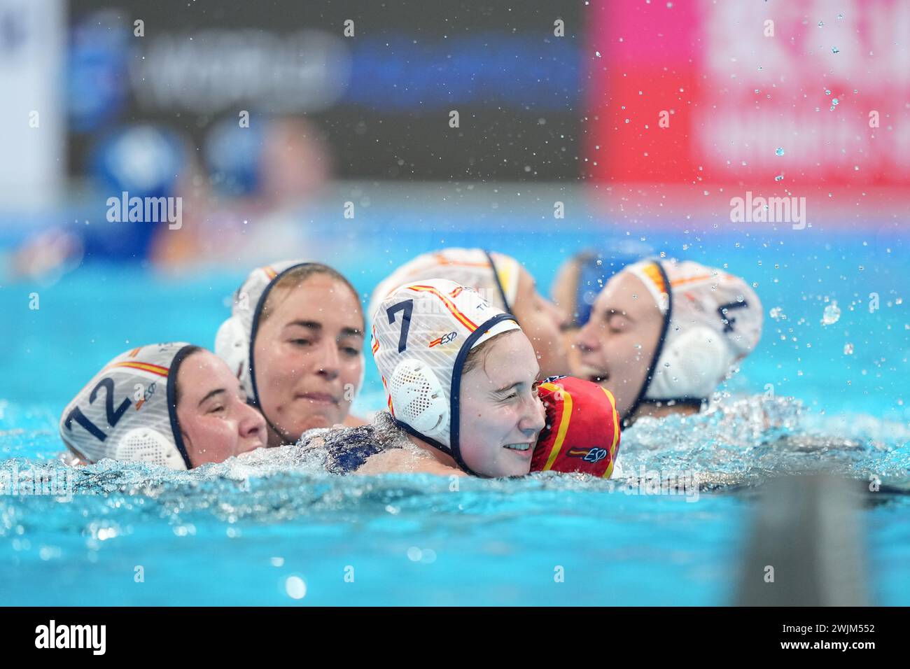 Doha, Qatar. 16th Feb, 2024. Athletes of Spain celebrate after the ...