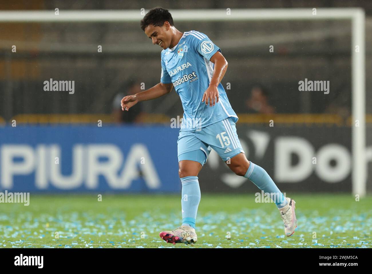 Lima, Peru. 16th Feb, 2024. Jhilmar Lora of Sporting Cristal celebrates ...
