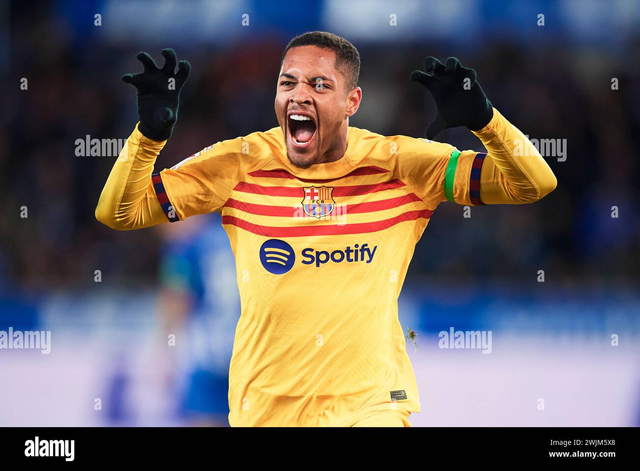 Vitor Roque of FC Barcelona celebrates after scoring his team's third ...