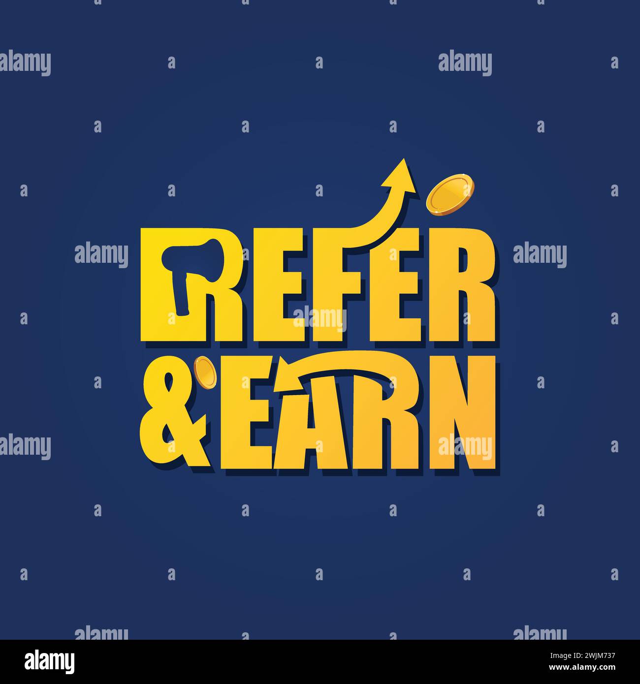 Refer and earn lettering creative logo with megaphone, arrow, and coin ... Refer and earn lettering creative logo with megaphone, arrow, and coin ...