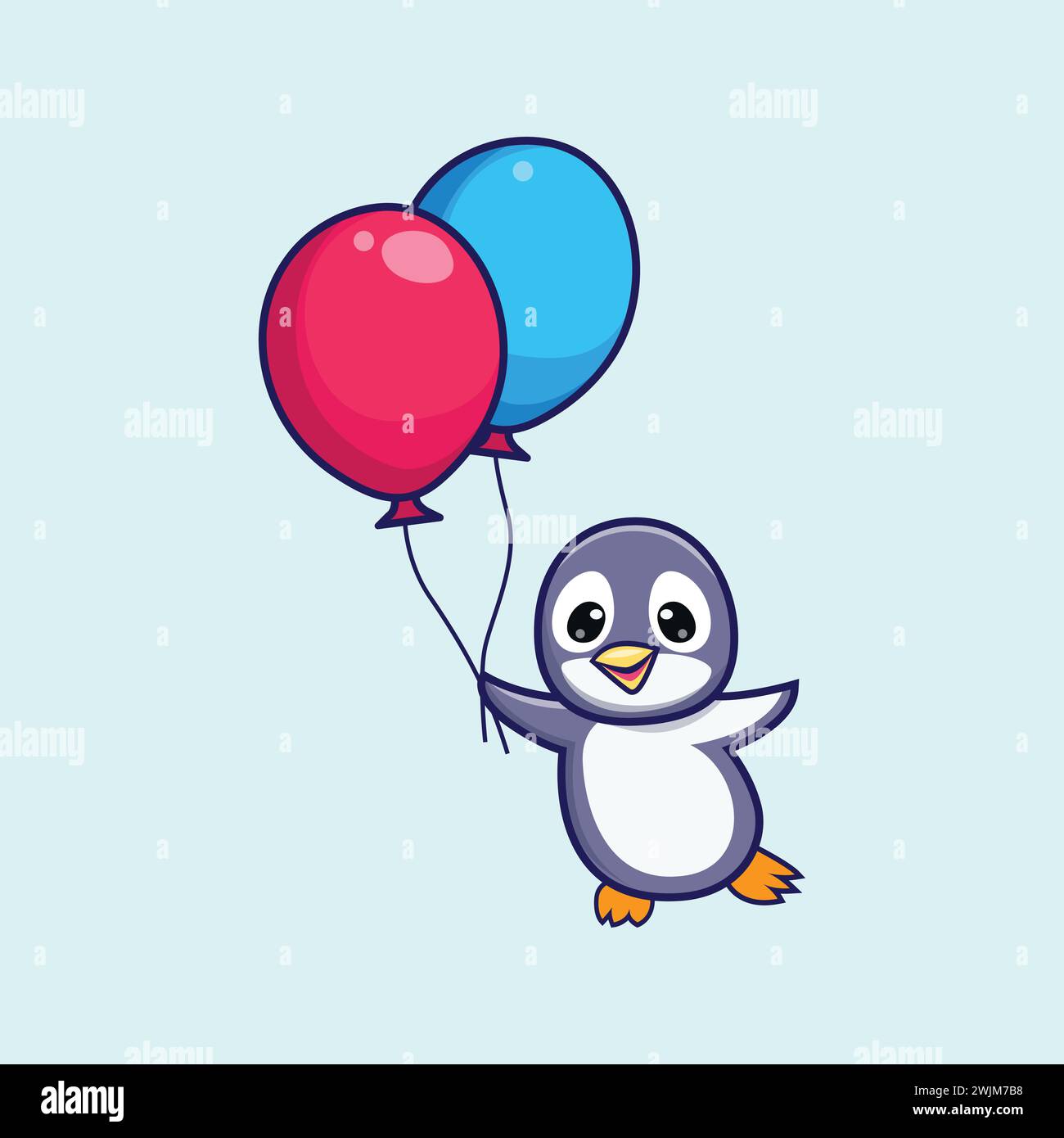 A happy penguin flying with colorful balloons vector illustration. Cute ...