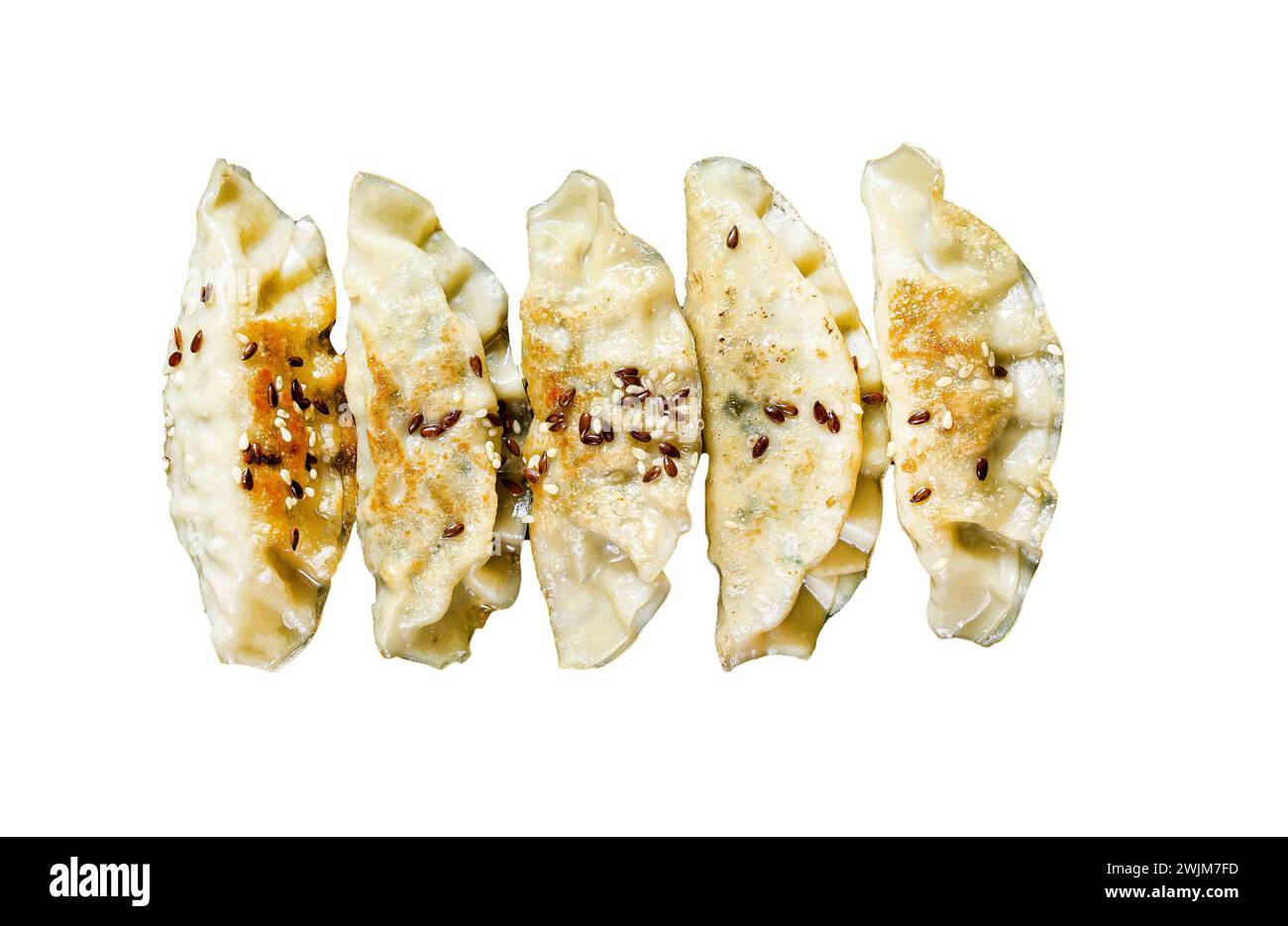 Pork Potstickers on rustic black table. Dim sum Isolated on white ...
