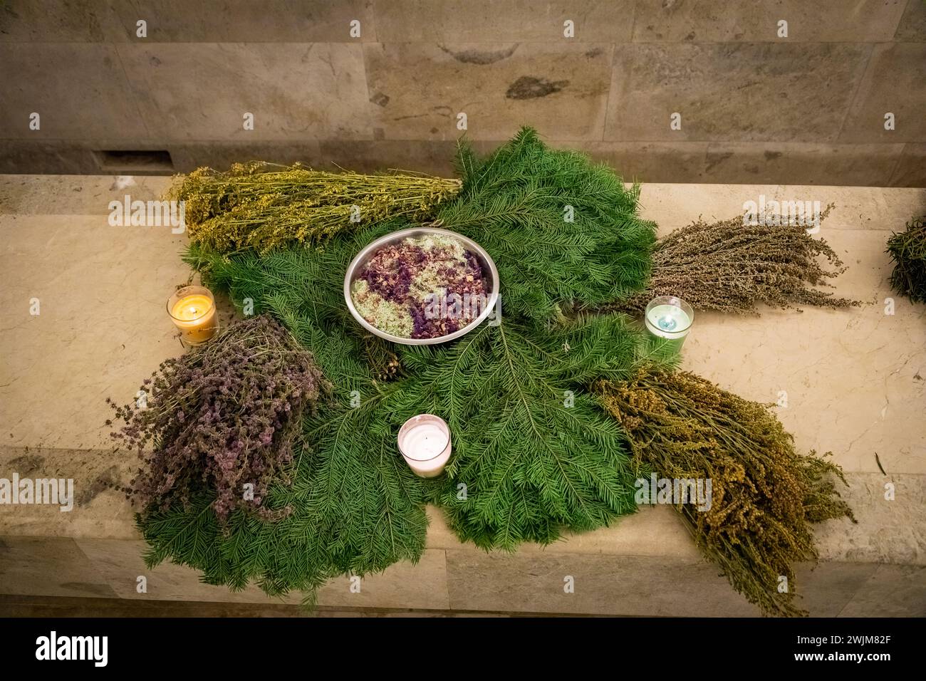 On the table in the hammam there are fragrant bath brooms, symbolizing ...