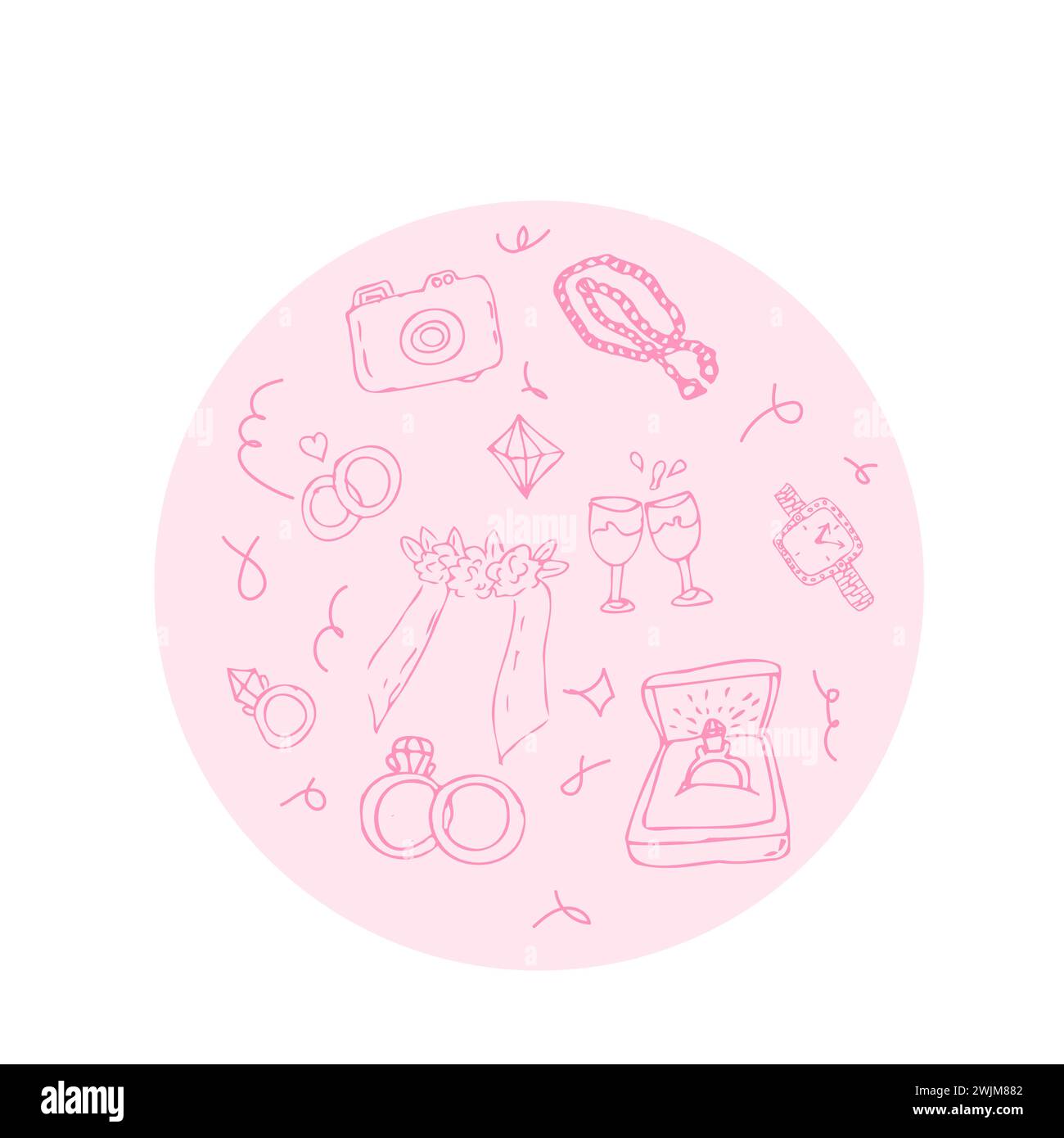 Hand drawn wedding outline doodle icons round background of jewerly and ...