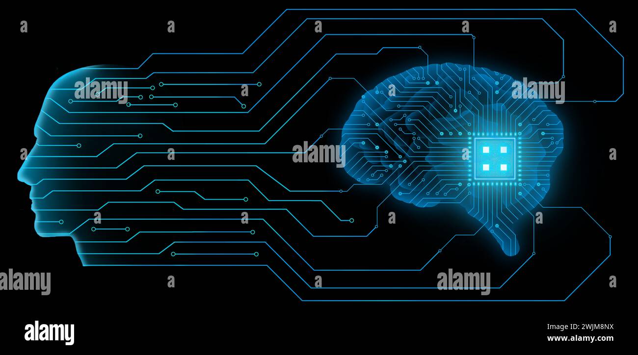Human head connect to artificial intelligence brain with circuit line ...