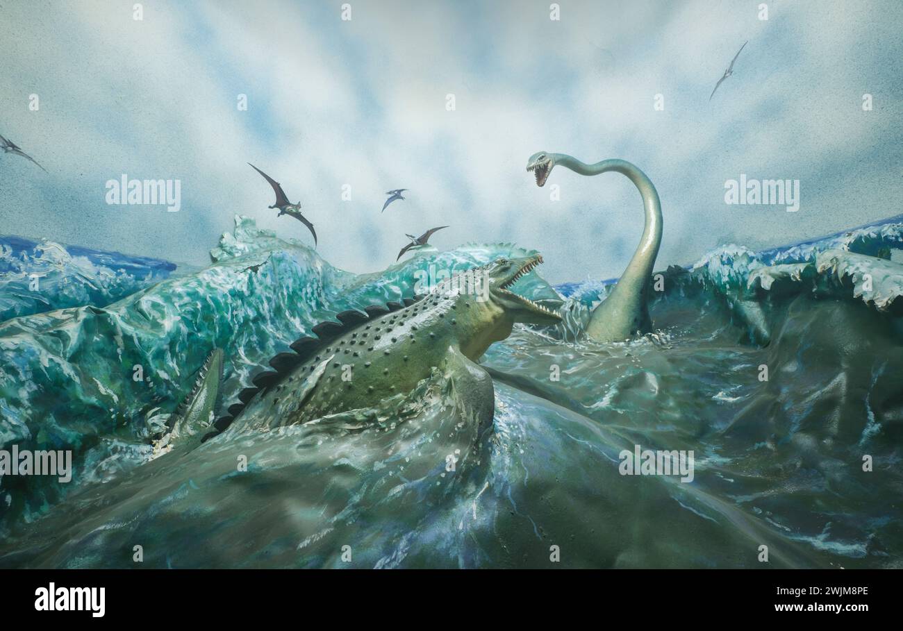 A recreation of an epic sea battle during the dinosaur era, a fight ...