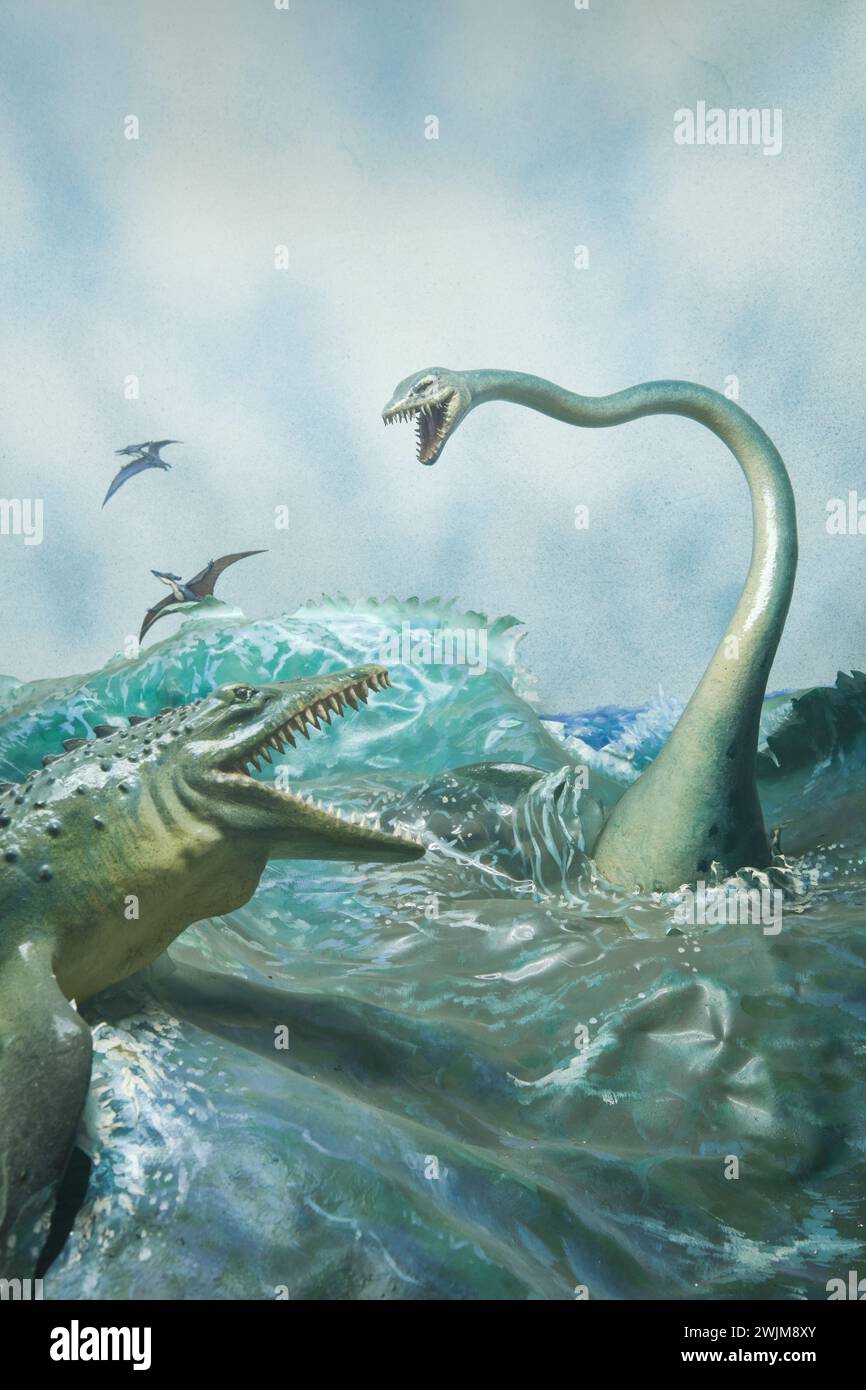 A recreation of an epic sea battle during the dinosaur era, a fight ...
