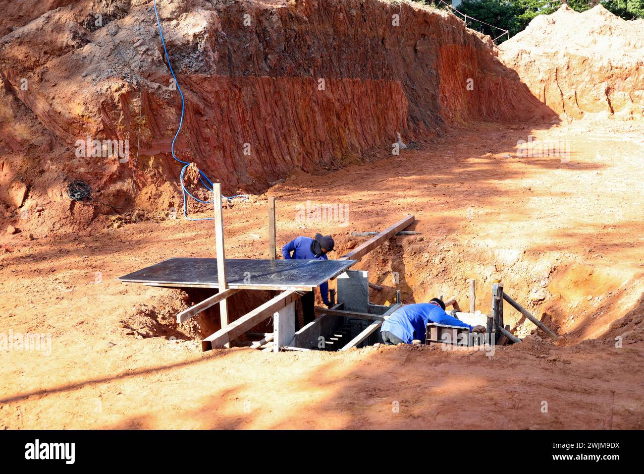 Foundation site of new house, building, details and reinforcements with ...