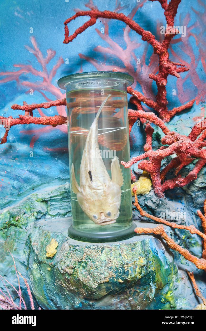 A preserved example of a fish, in a glass vial, tube filled with ...