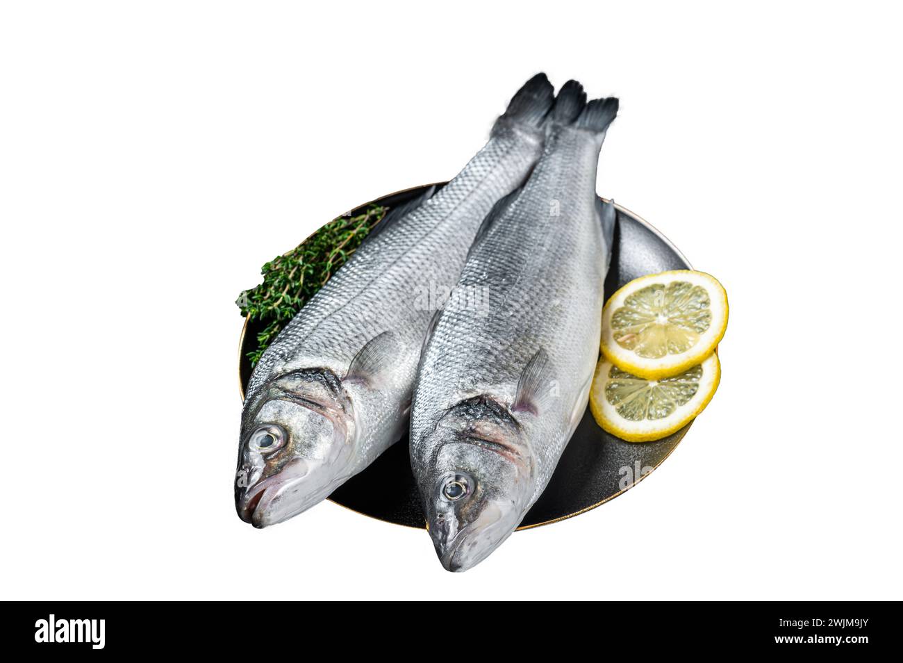 Fresh Raw Sea Bass fish with lemon and thyme. Isolated on white ...