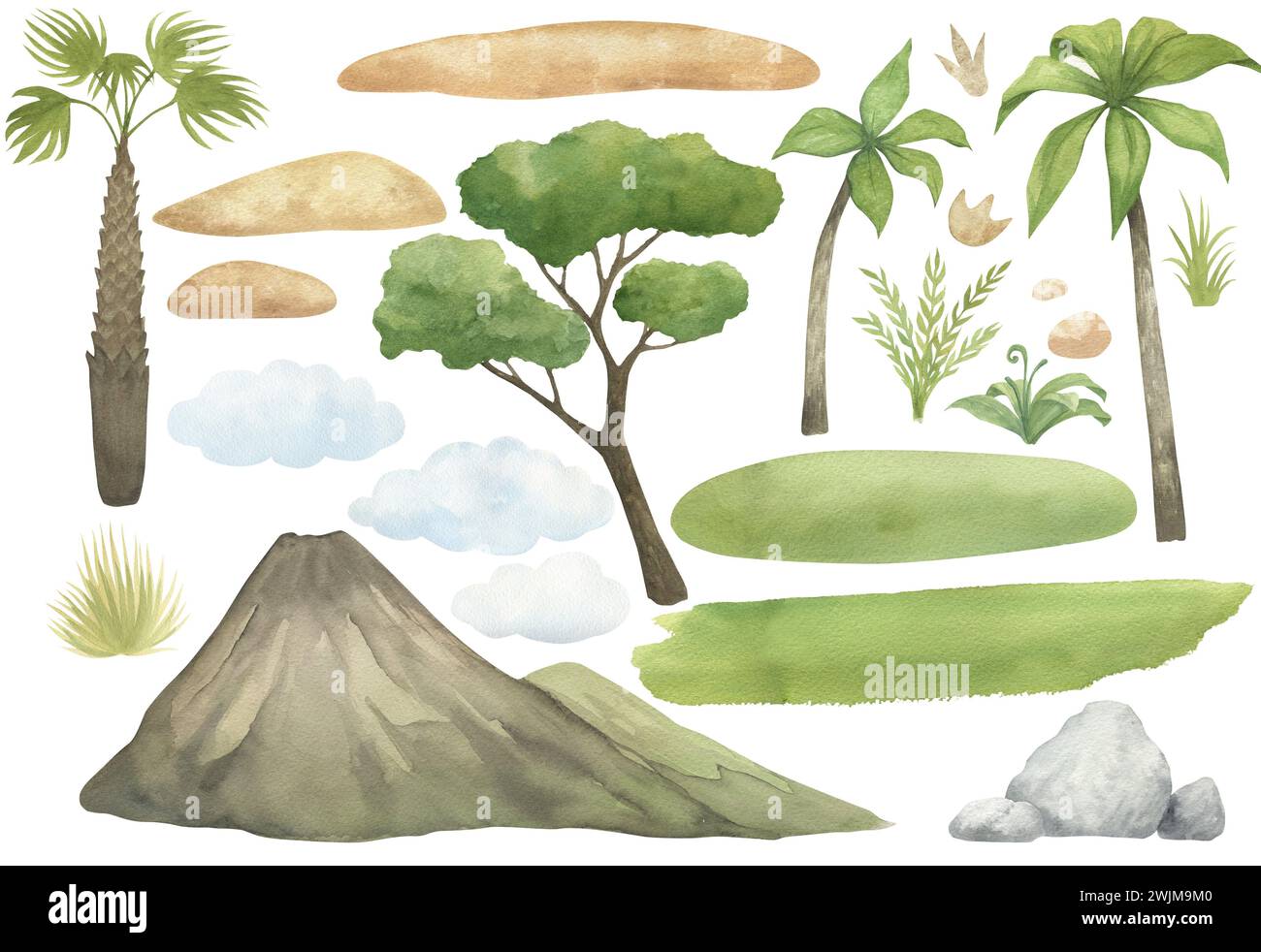 Watercolor illustration of a set of hand drawn landscape elements ...