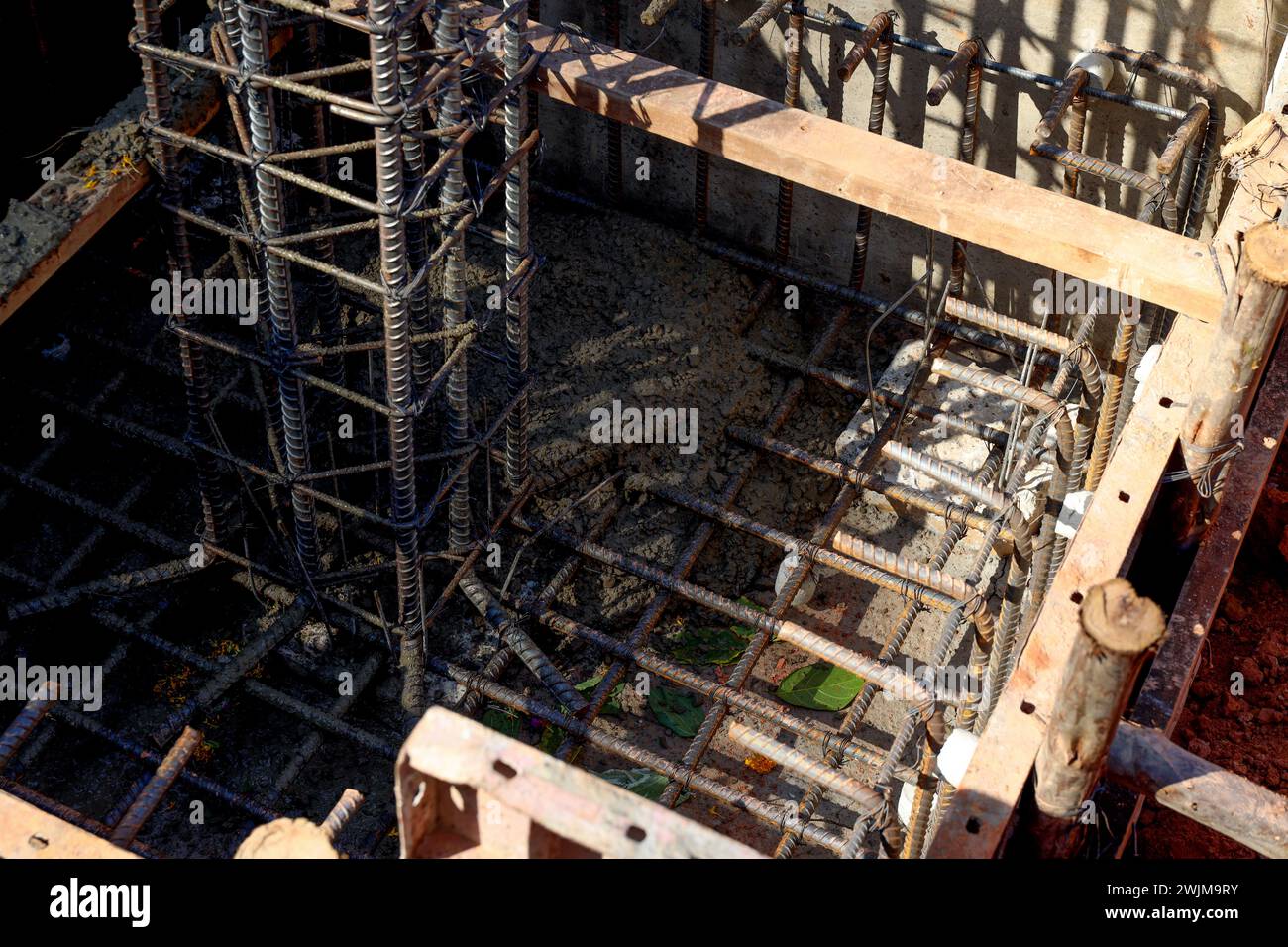 Foundation site of new house, building, details and reinforcements with ...