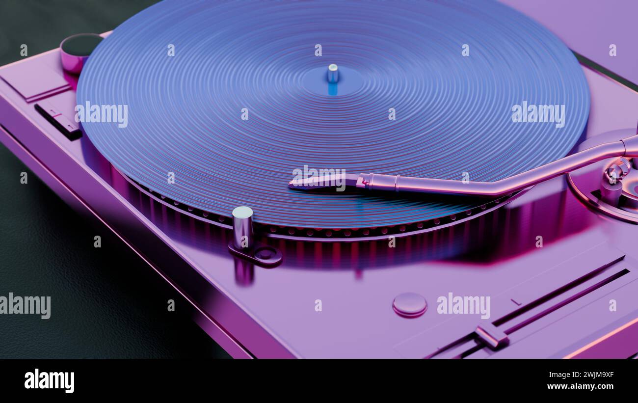 This 3D illustration showcases a vinyl record player with vibrant ...