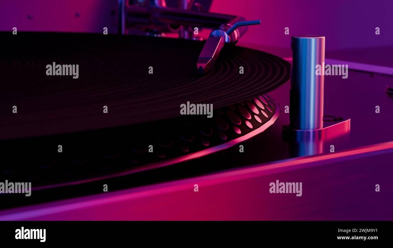 This 3D illustration showcases a vinyl record player with vibrant ...