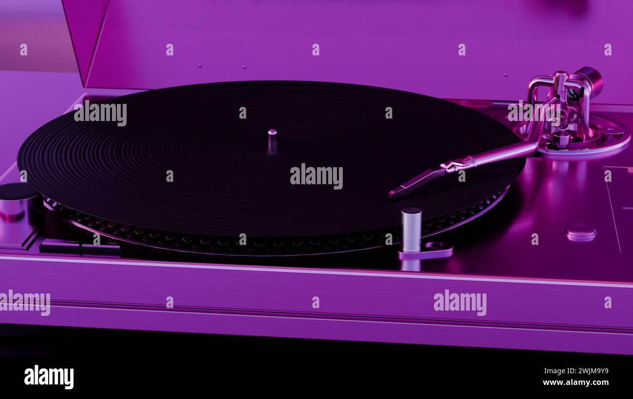 This 3D illustration showcases a vinyl record player with vibrant ...