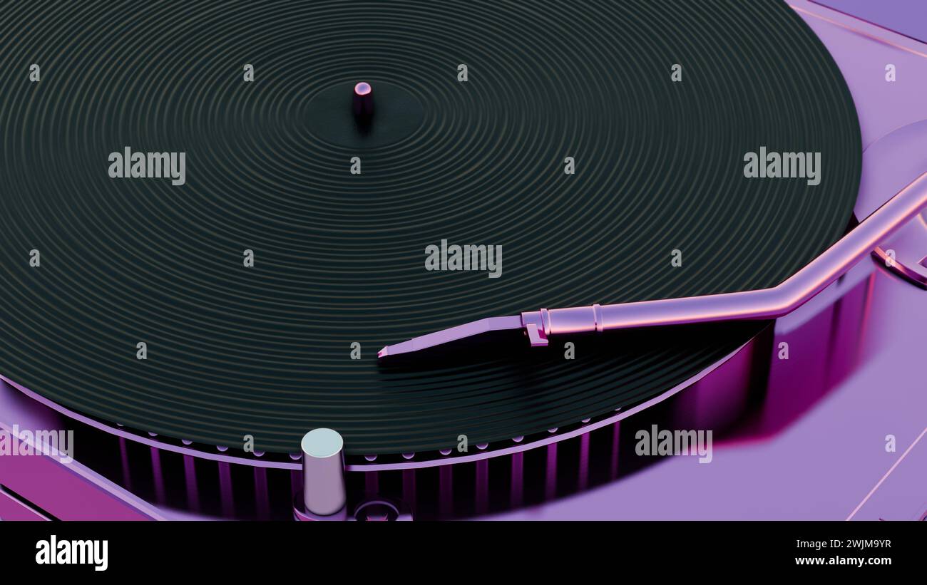 This 3D illustration showcases a vinyl record player with vibrant ...