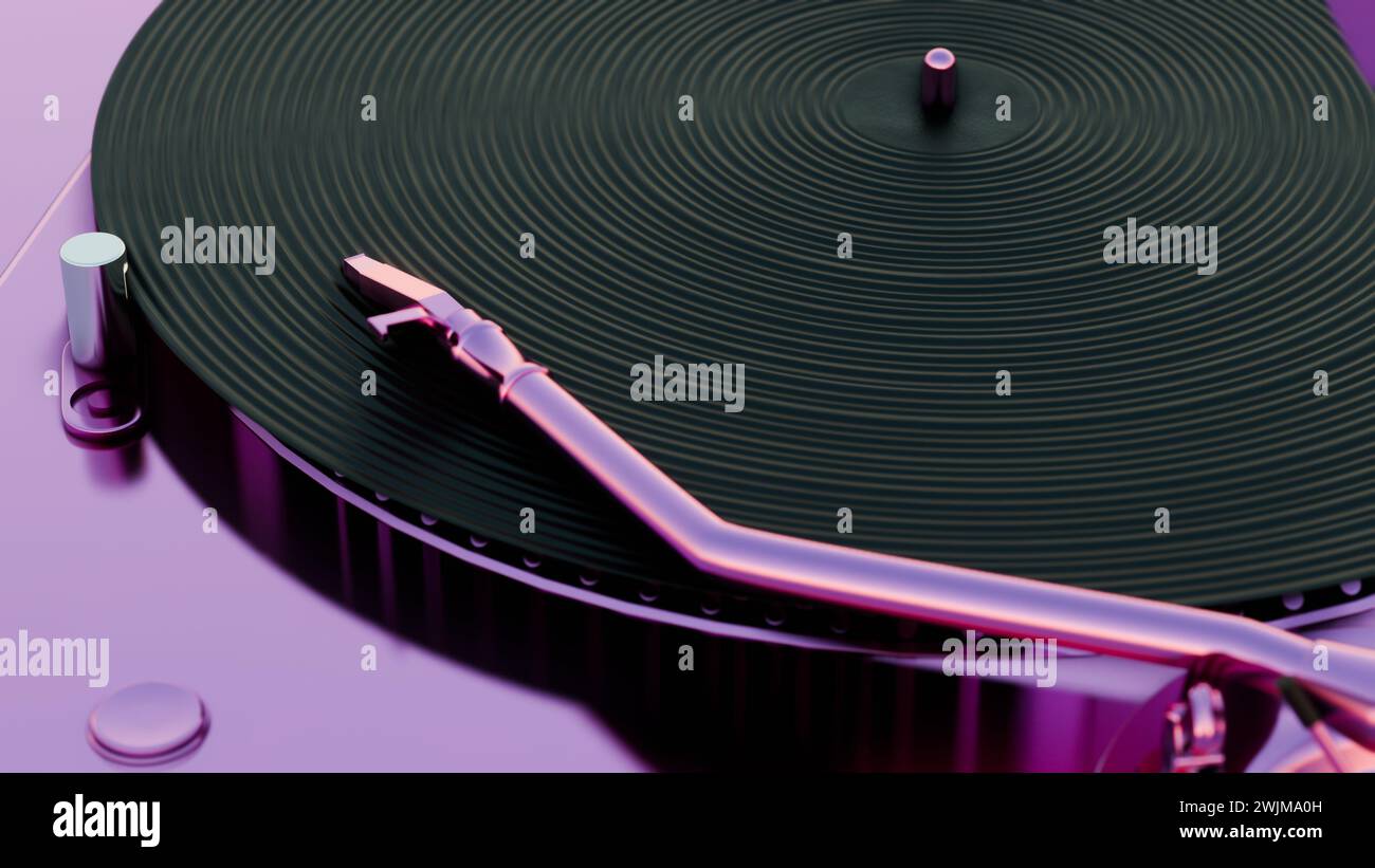 This 3D illustration showcases a vinyl record player with vibrant ...