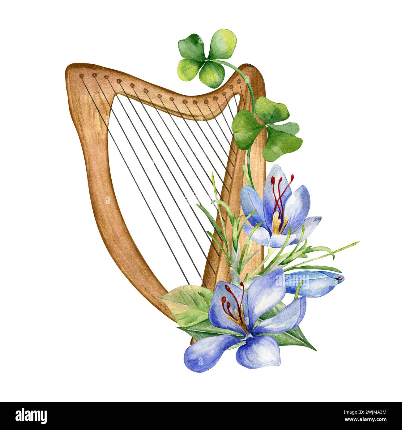 Harp and spring flowers watercolor illustration isolated on white ...