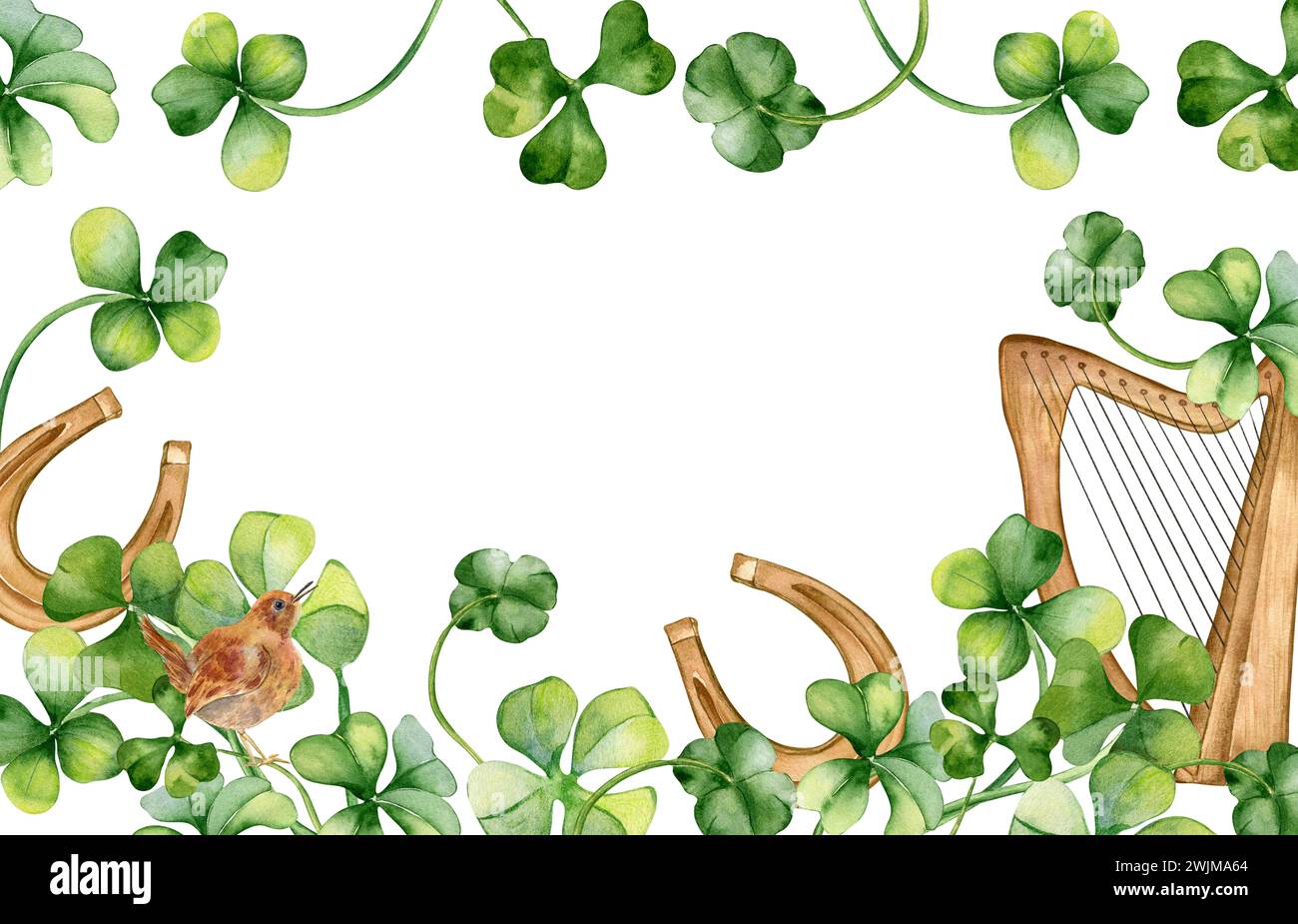 Banner with harp and shamrock watercolor illustration isolated on white ...